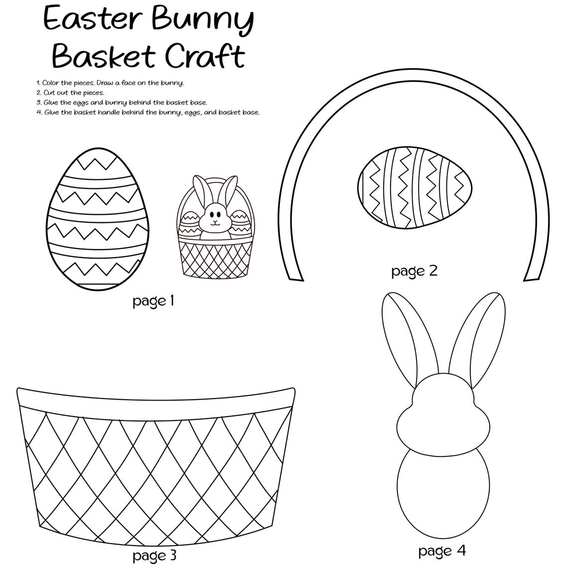 Easter Basket & Bunny Craft for Kids 4 JPEG Images Color, Cut and Paste ...