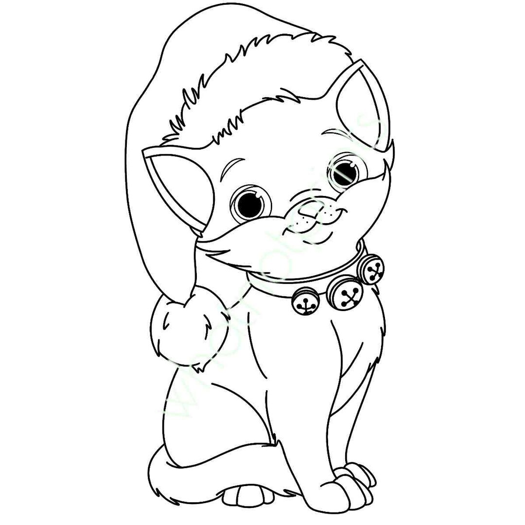 Christmas Cat Coloring Page for Kids or Adults Instant Digital Download ...