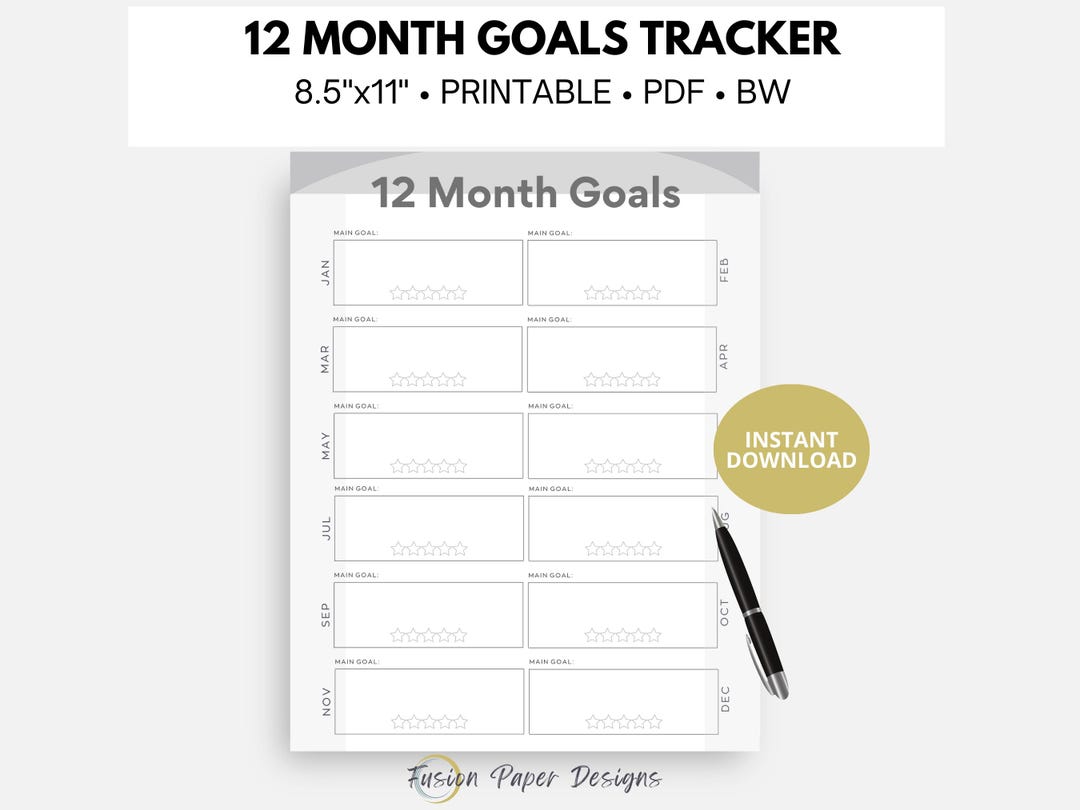 12 Month Goal Tracker, Personal Goal Tracker, Goals Printable, Business ...