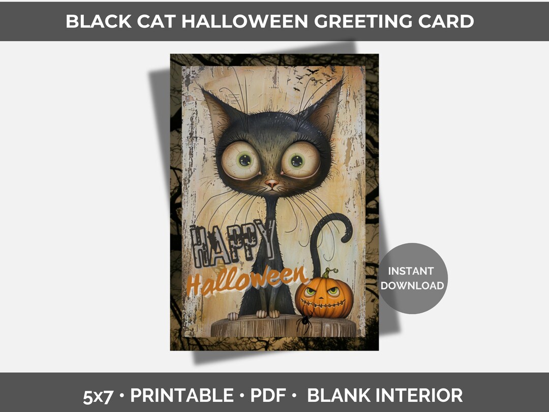 Spooky Halloween Card, Printable Halloween Card, Black Cat Halloween ...