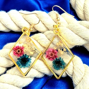 Nature Inspired Pink & Blue Real Flowers Earrings, Botanical Jewelry ...