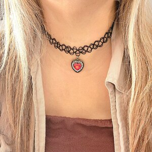 Nostalgic 90s Blood Red Heart Tattoo Choker, Stretchy Rhinestone ...