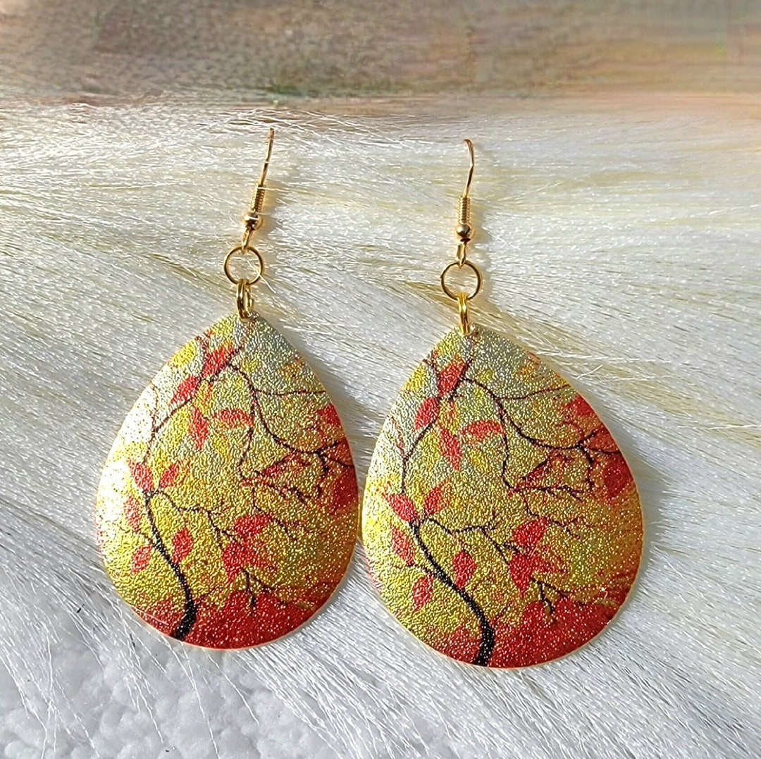 Autumn-inspired Gold Leaf Teardrop Earring, Fall Color Palette Dangle ...