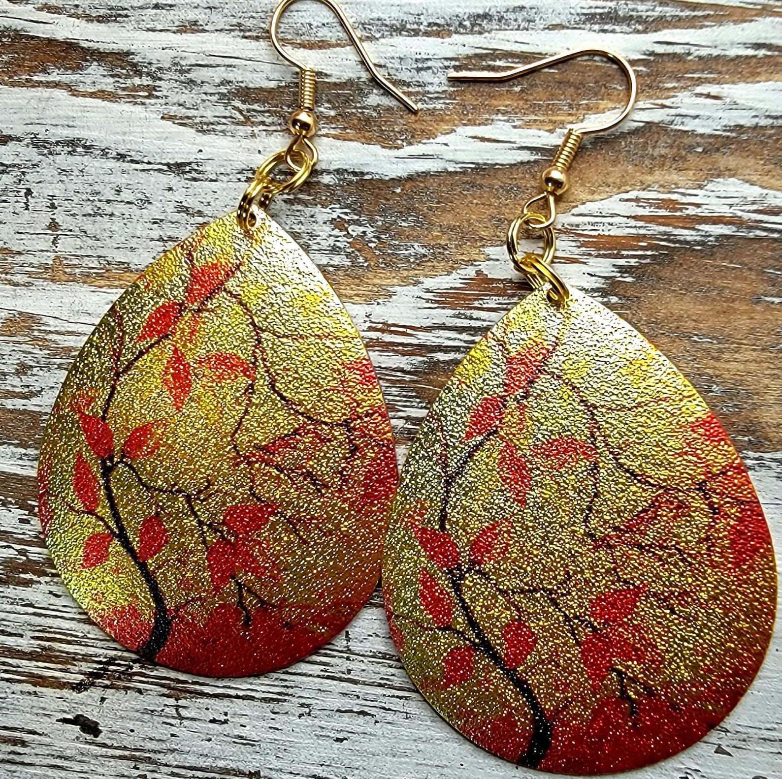 Autumn-inspired Gold Leaf Teardrop Earring, Fall Color Palette Dangle ...