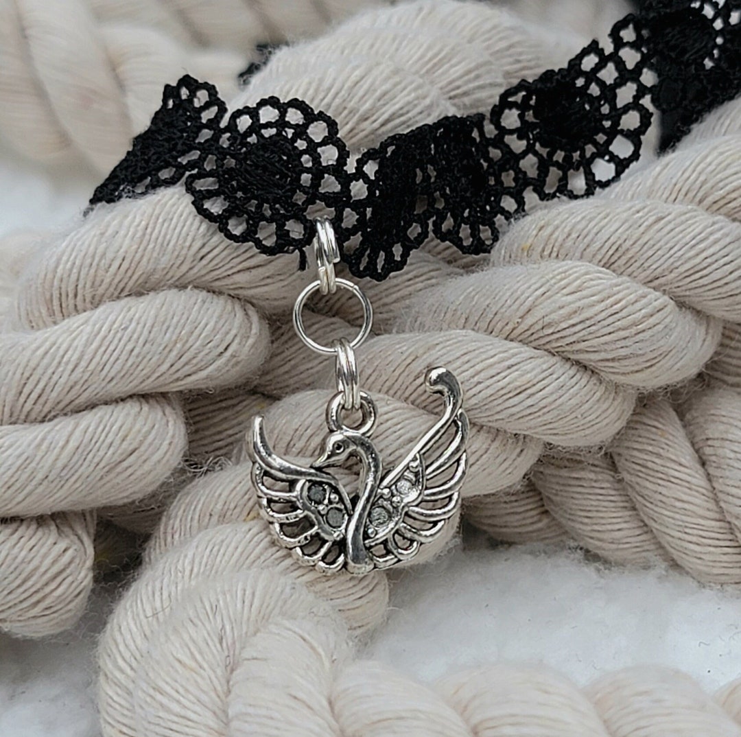 Silver Swan on Black Lace Choker, Bird With Open Wings Neck Collar ...