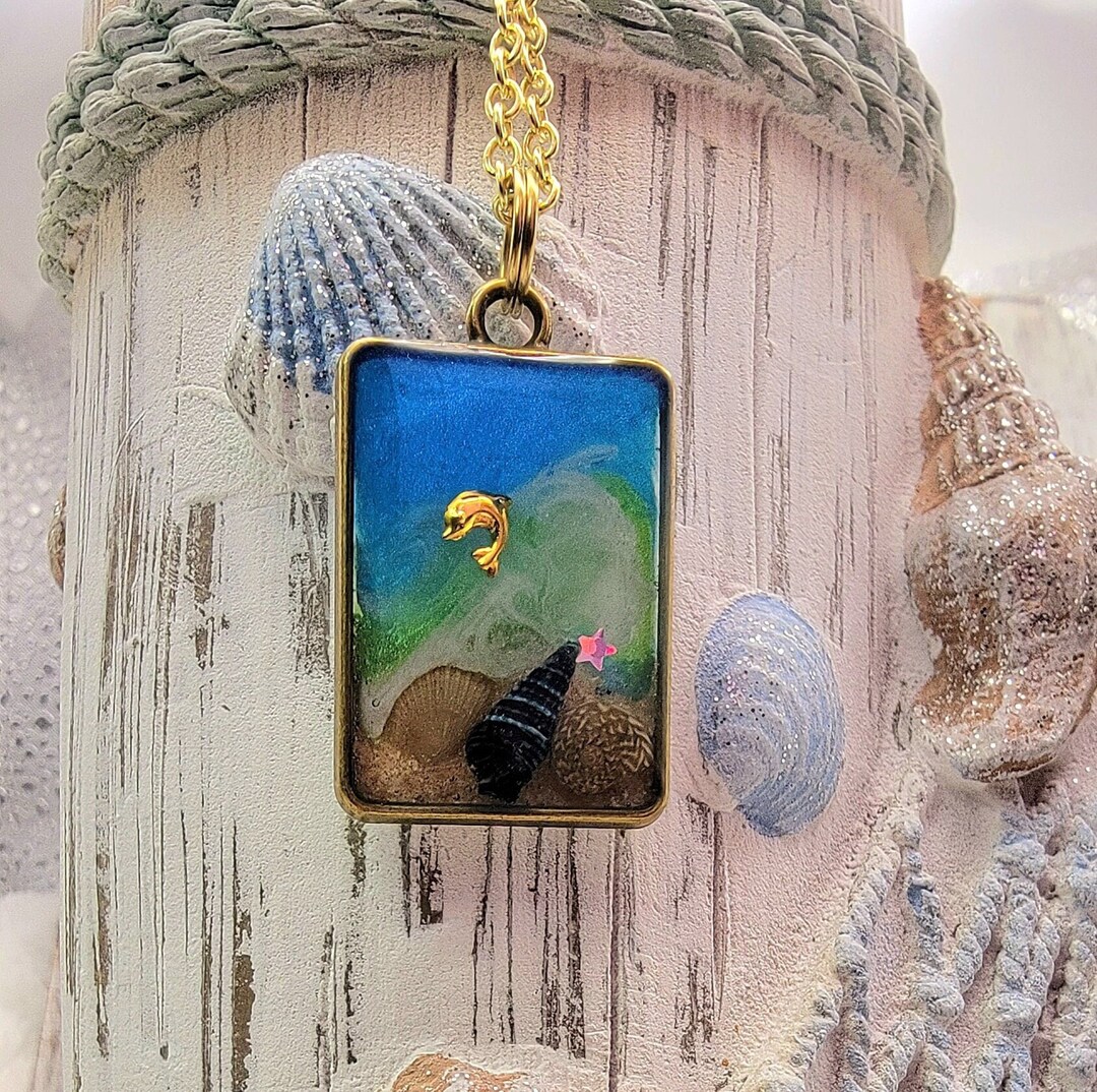 Miniature Dolphins in Blue Water Resin Necklace, Ocean Memories ...