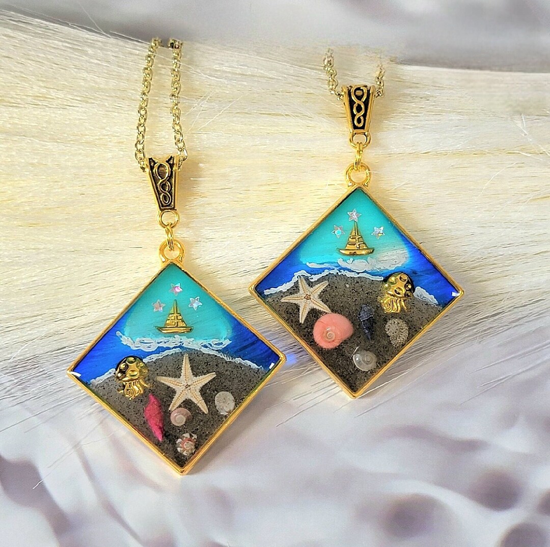 Beach-themed Jewelry W/ Golden Boat & Jellyfish, Handmade Nautical ...