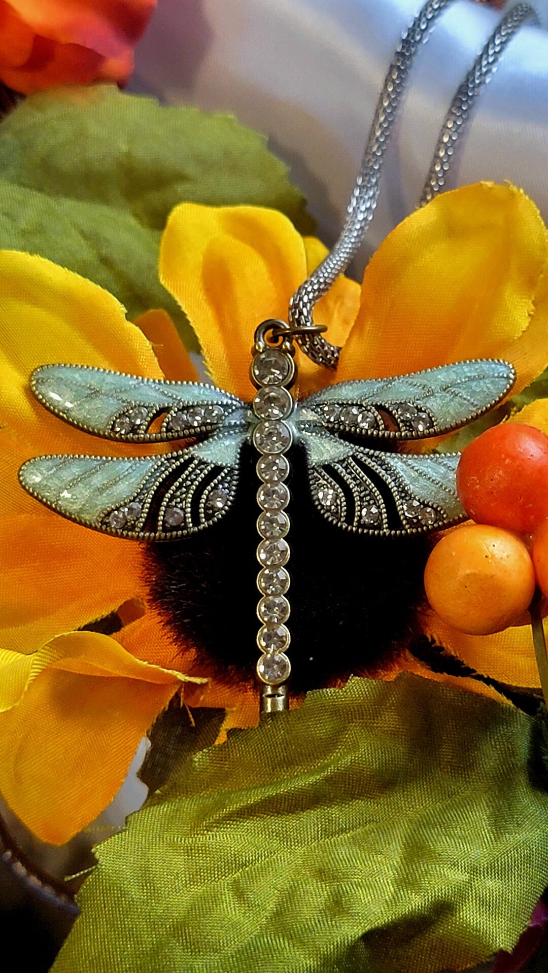 Rhinestone Dragonfly Necklace Vintage Style Pendant With - Etsy