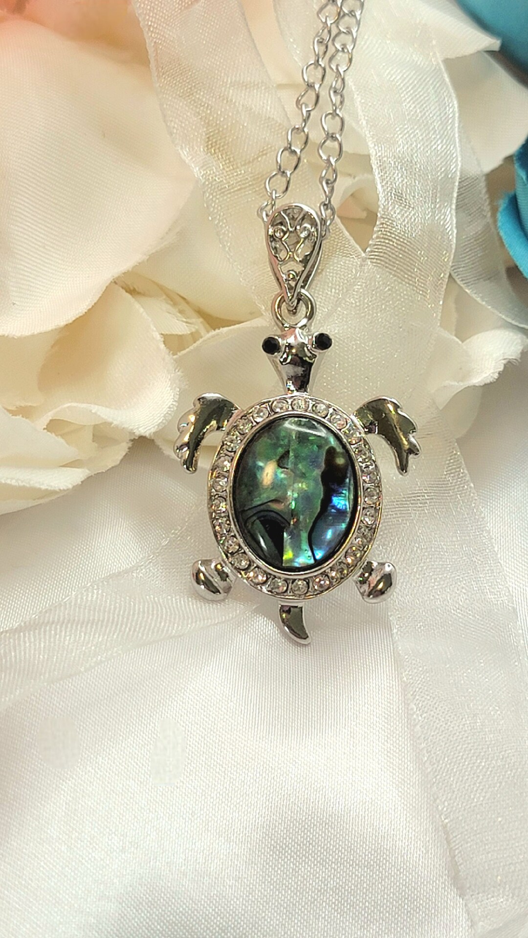 Silver Turtle With Blue Iridescent Stone Necklace, Tortoise Pendant ...