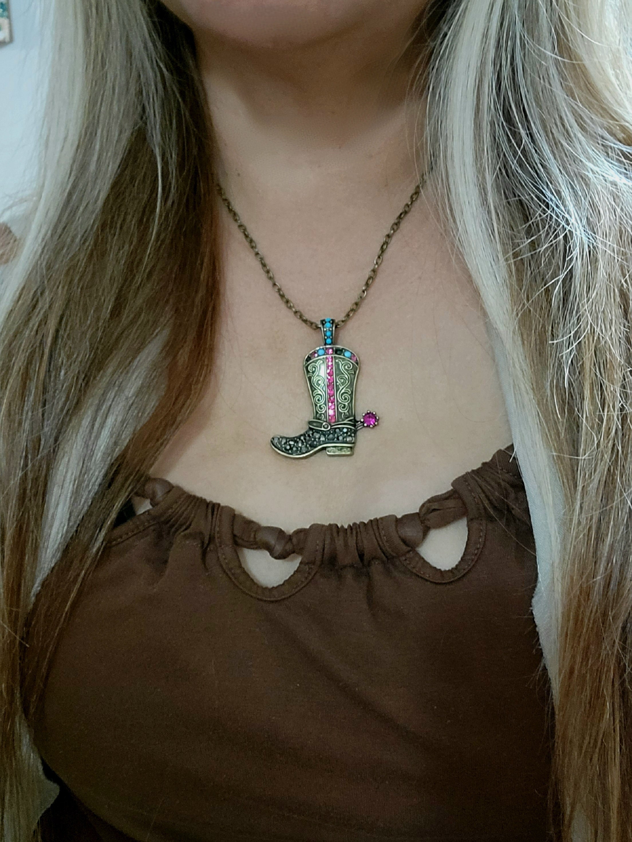 Cowboy Boot Jeweled Necklace Bold Cowgirl Boot Antique Gold - Etsy