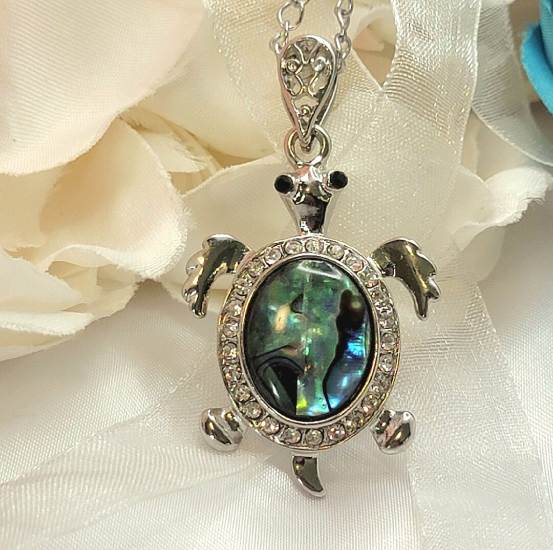 Silver Turtle With Blue Iridescent Stone Necklace, Tortoise Pendant ...