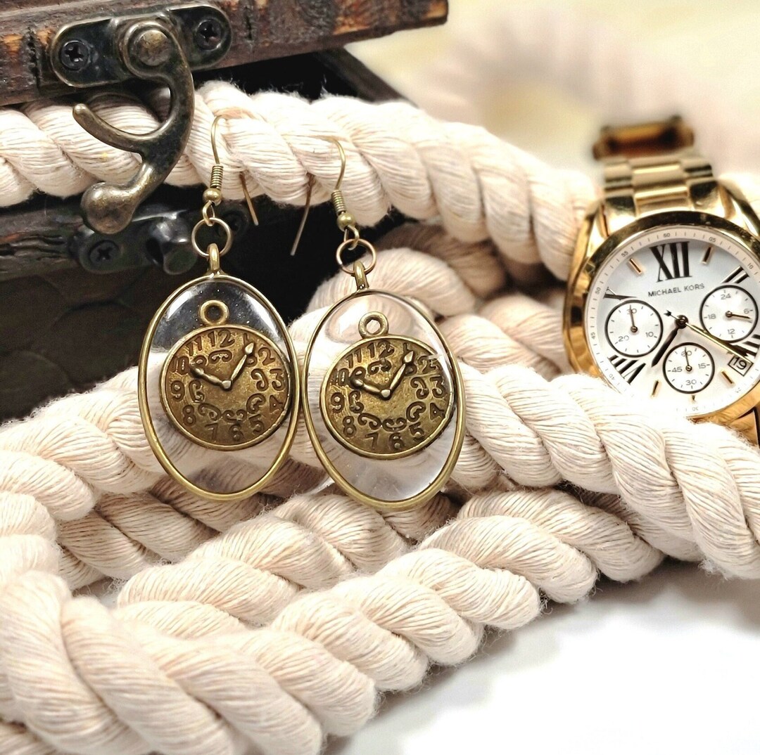 Antique Bronze Stopwatch Earring, Resin Sealed Timepiece Jewelry ...