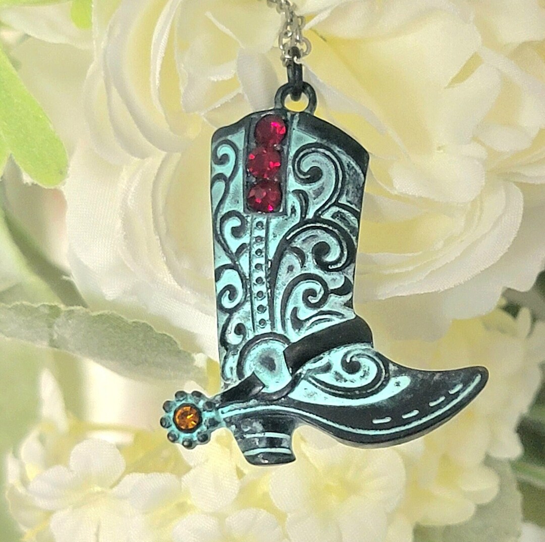 Patina Cowboy Boot Jeweled Necklace, Western Cowgirl Jewelry, Country ...