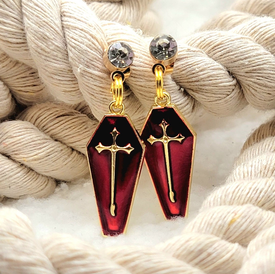 Blood Red Coffin & Gold Cross Earring, Gothic Inspired Hypoallergenic ...