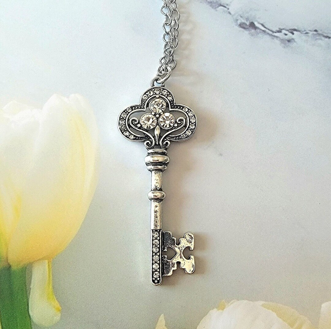 Silver Key Pendant Necklace, Rhinestone Skeleton Key, Daily Wear Heart ...