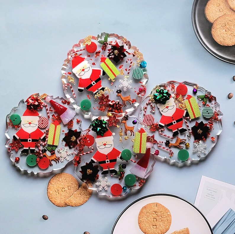 Winter Wonderland Themed Coasters Set of 4, Festive Santa & Reindeer ...