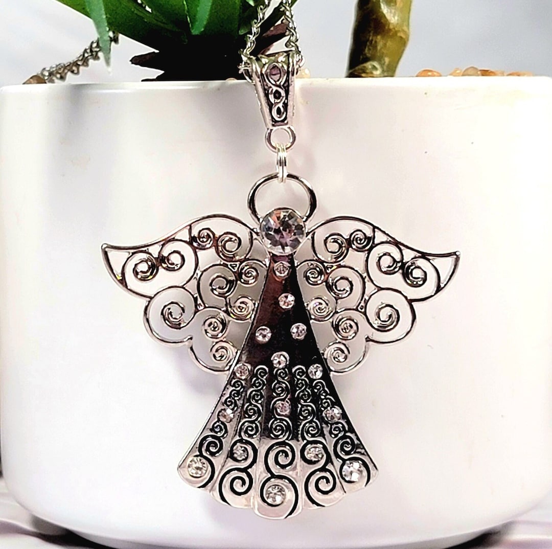 Seraphim Angel Necklace, Guardian Angel Rhinestone Jewelry, Christian ...
