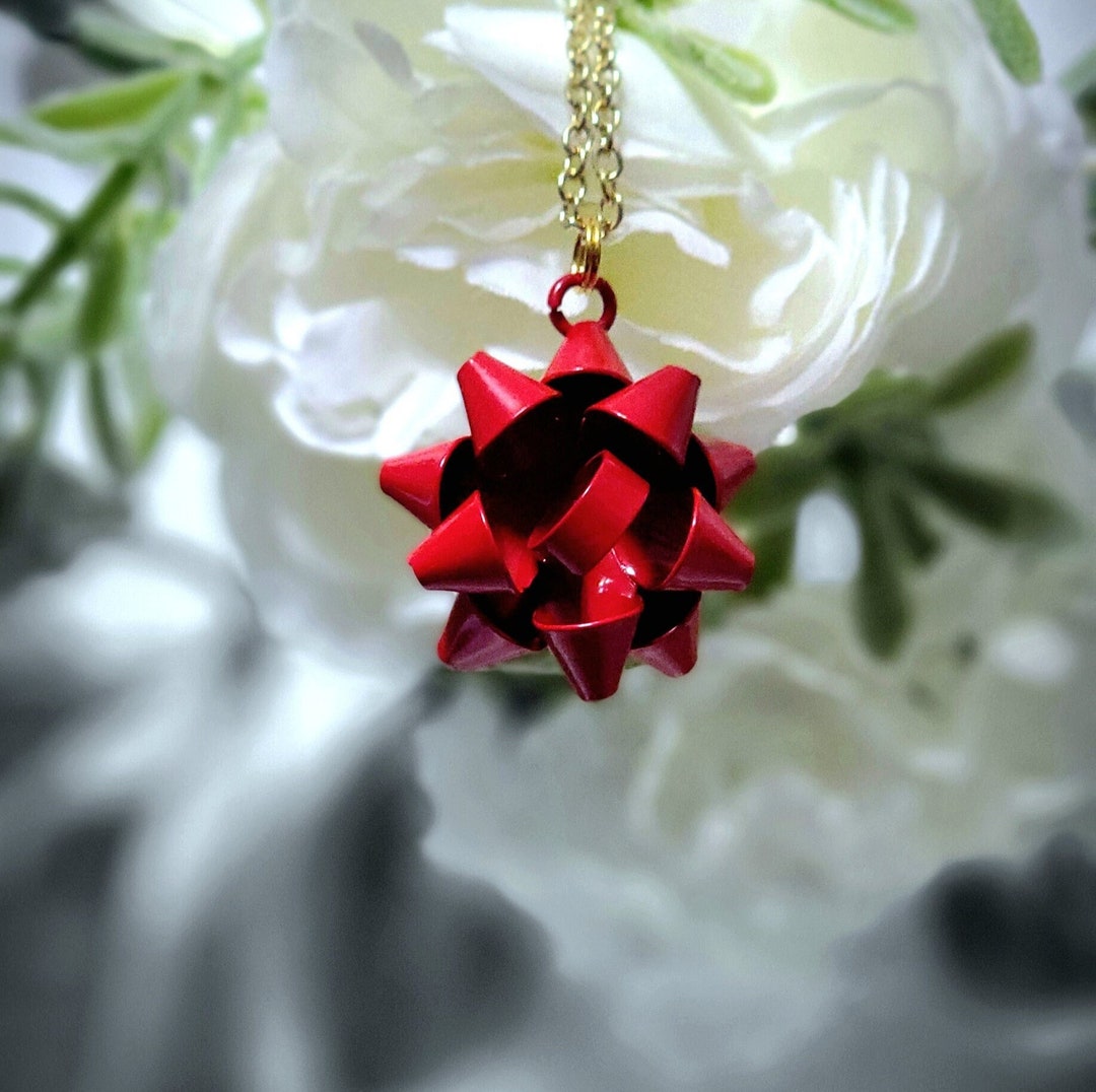 Festive Red Bow Necklace - Gold Chain, Christmas Jewelry, Holiday Gift ...