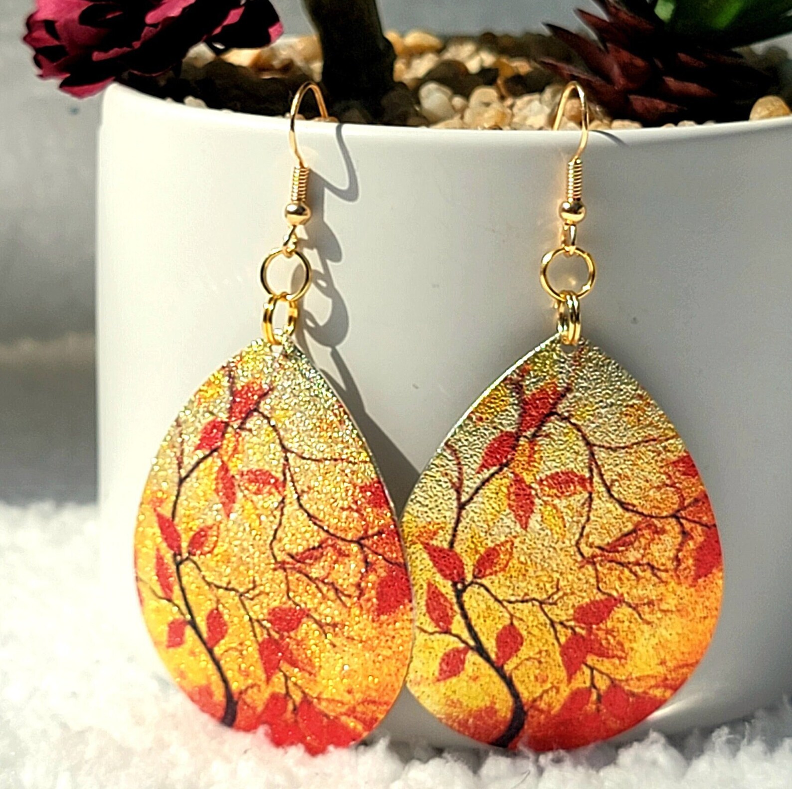 Autumn-inspired Gold Leaf Teardrop Earring, Fall Color Palette Dangle ...