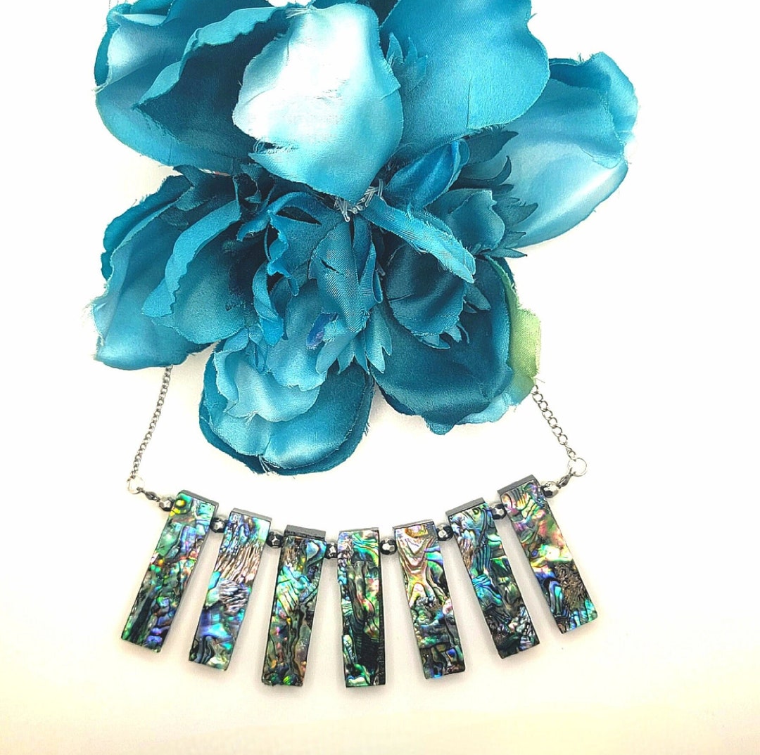 Faux Abalone Necklace, Blue Abalone Shell Pendant, Chunky Necklace ...