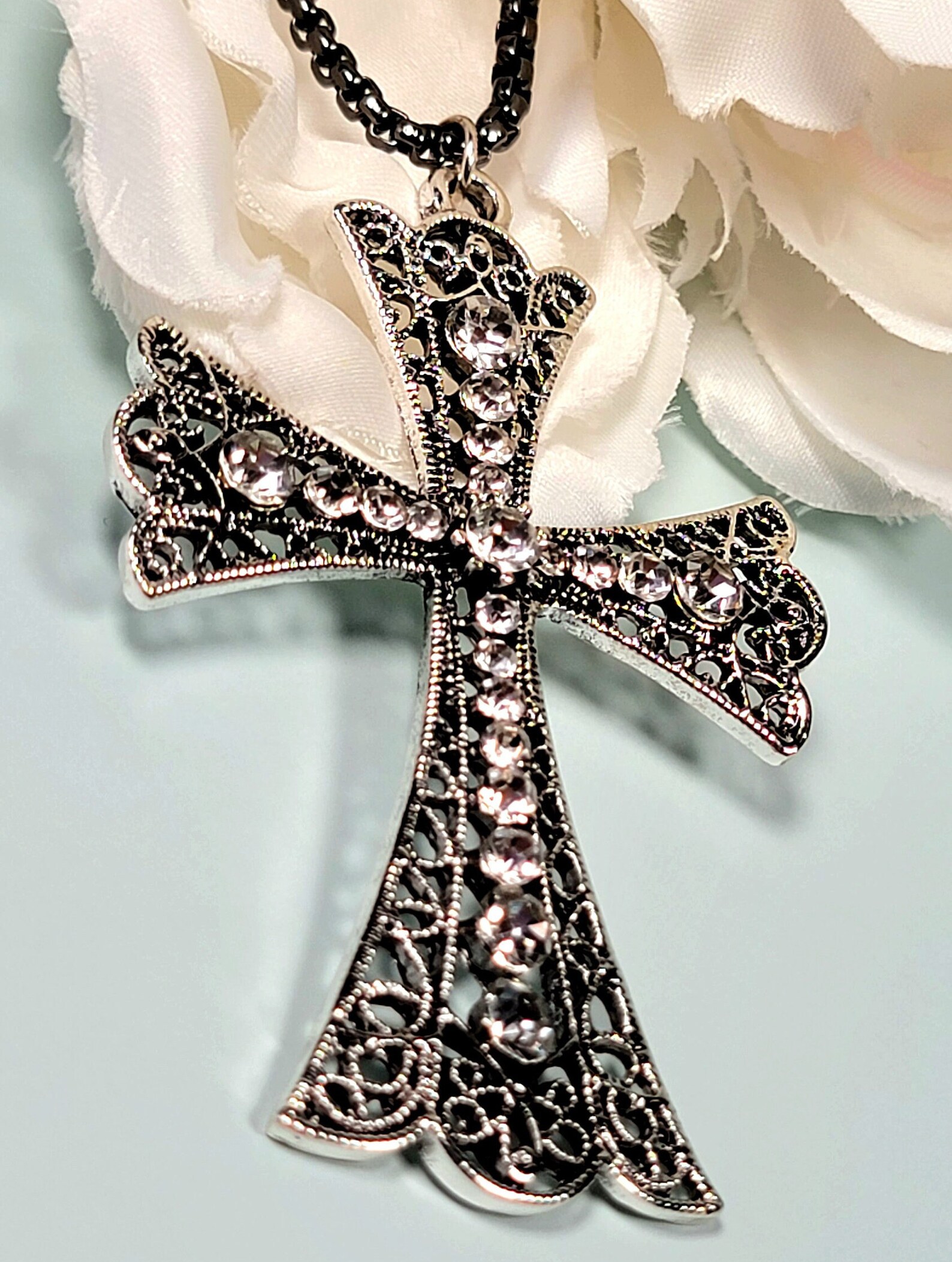 Victorian Themed Flared Silver Cross Necklace, Catholic Jewelry ...