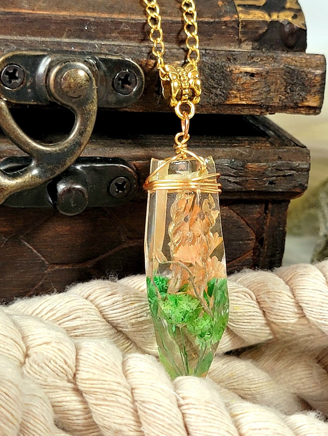 Gold Wire-wrapped Resin Pendant, Real Flower Crystal Necklace, Spring ...