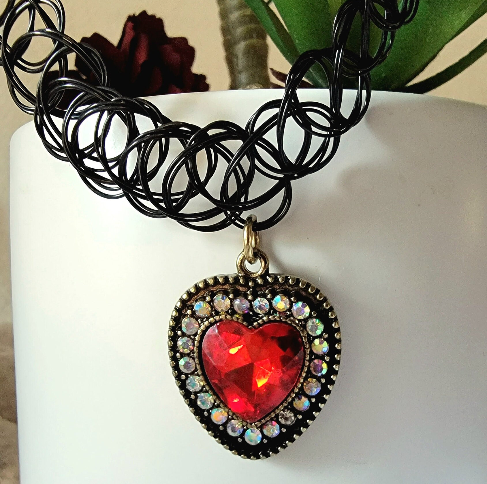 Nostalgic 90s Blood Red Heart Tattoo Choker, Stretchy Rhinestone ...