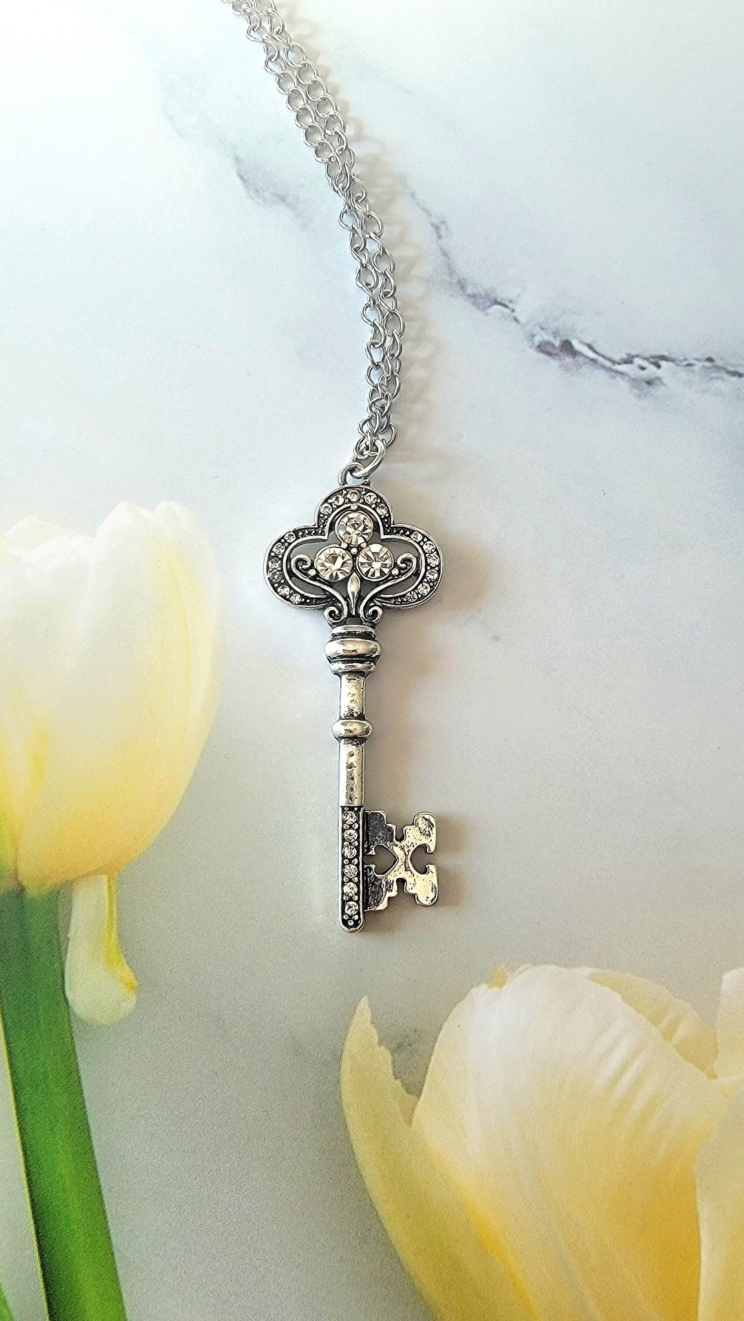 Silver Key Pendant Necklace Rhinestone Skeleton Key Daily - Etsy