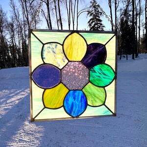 Square Stained Glass Flower Panel Window Hanging | Home Decor | Floral ...