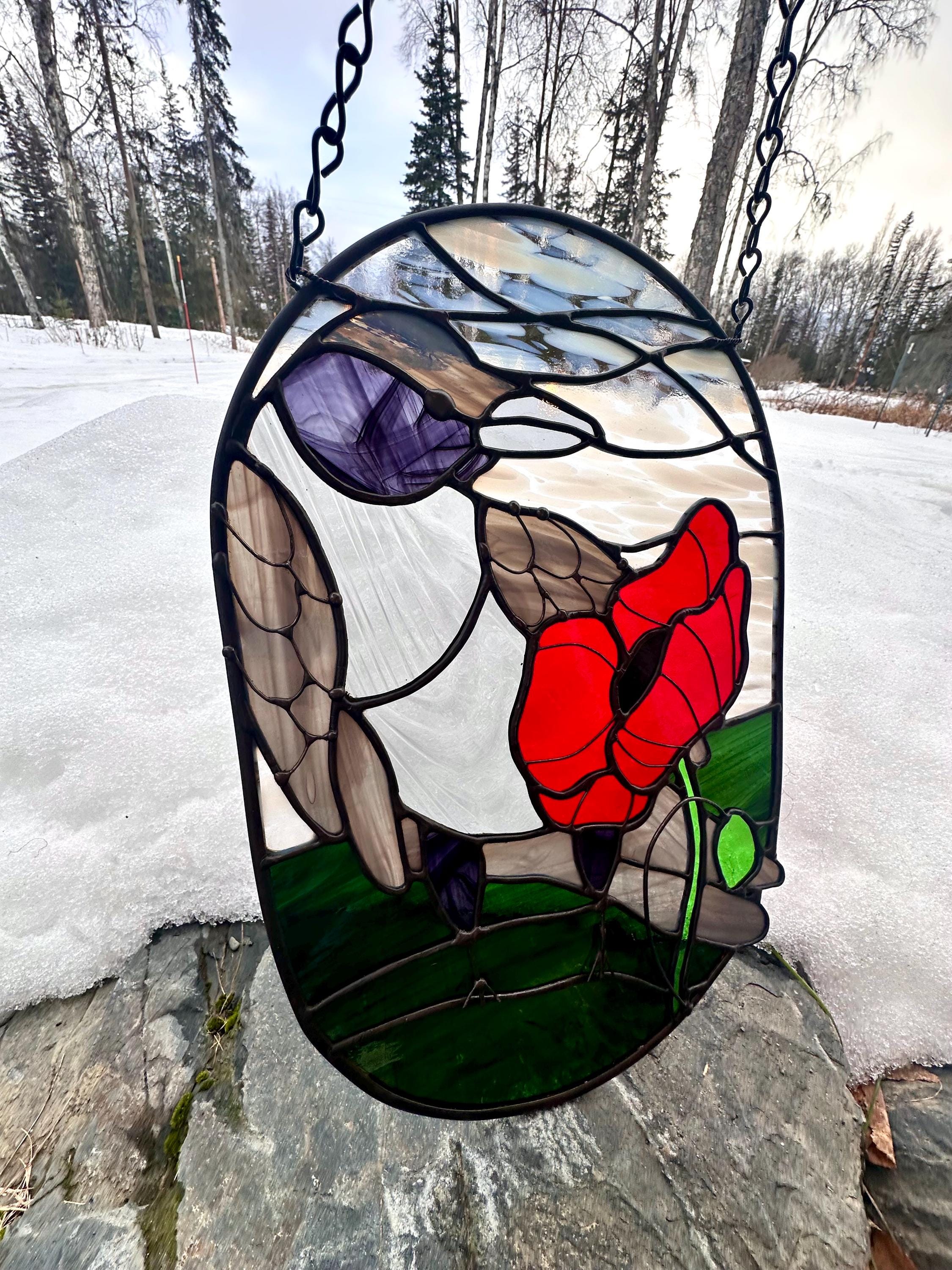 Raven and Poppy Stained Glass Window Panel - Etsy