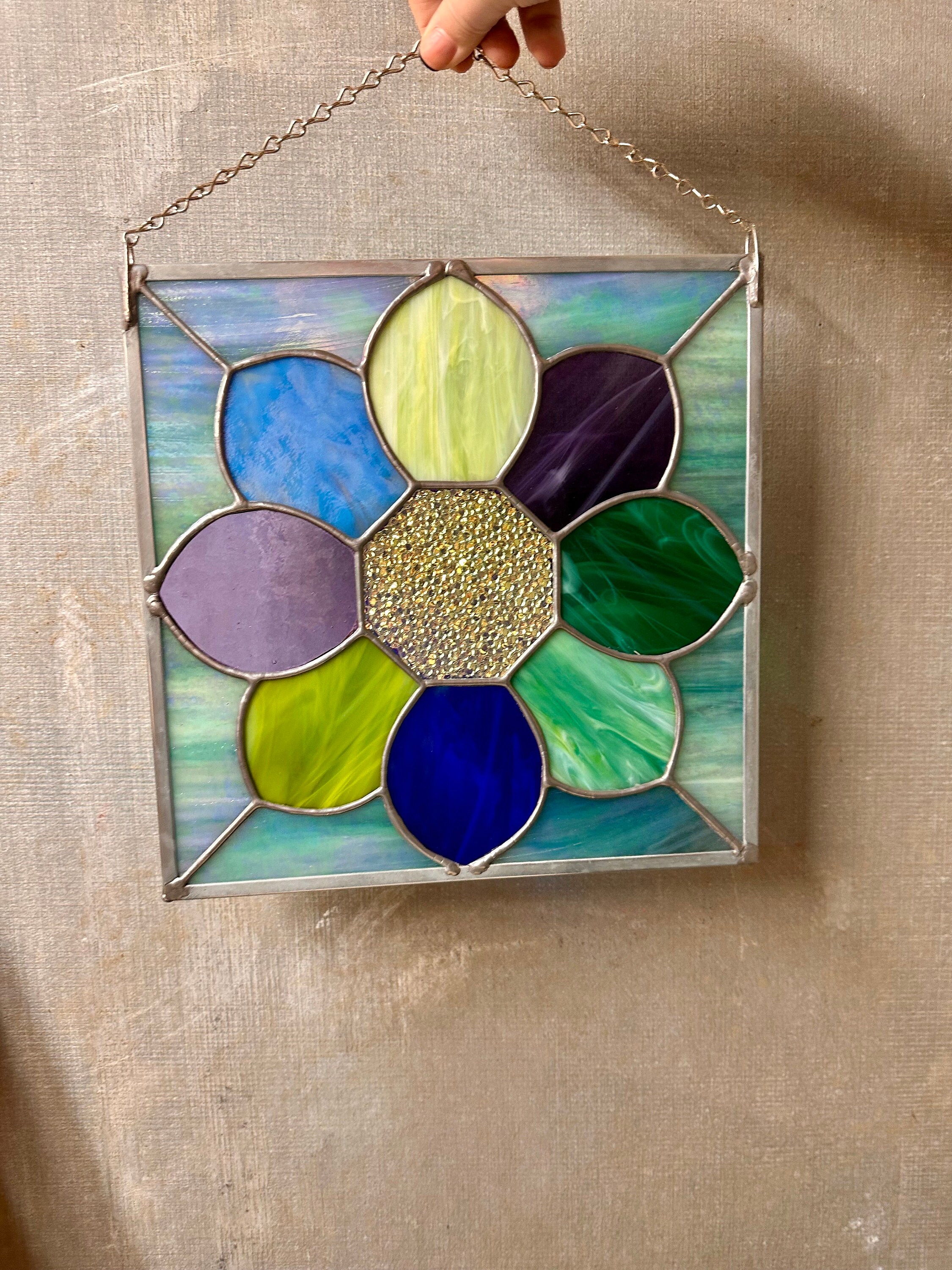 Square Stained Glass Flower Panel Window Hanging | Home Decor | Floral ...