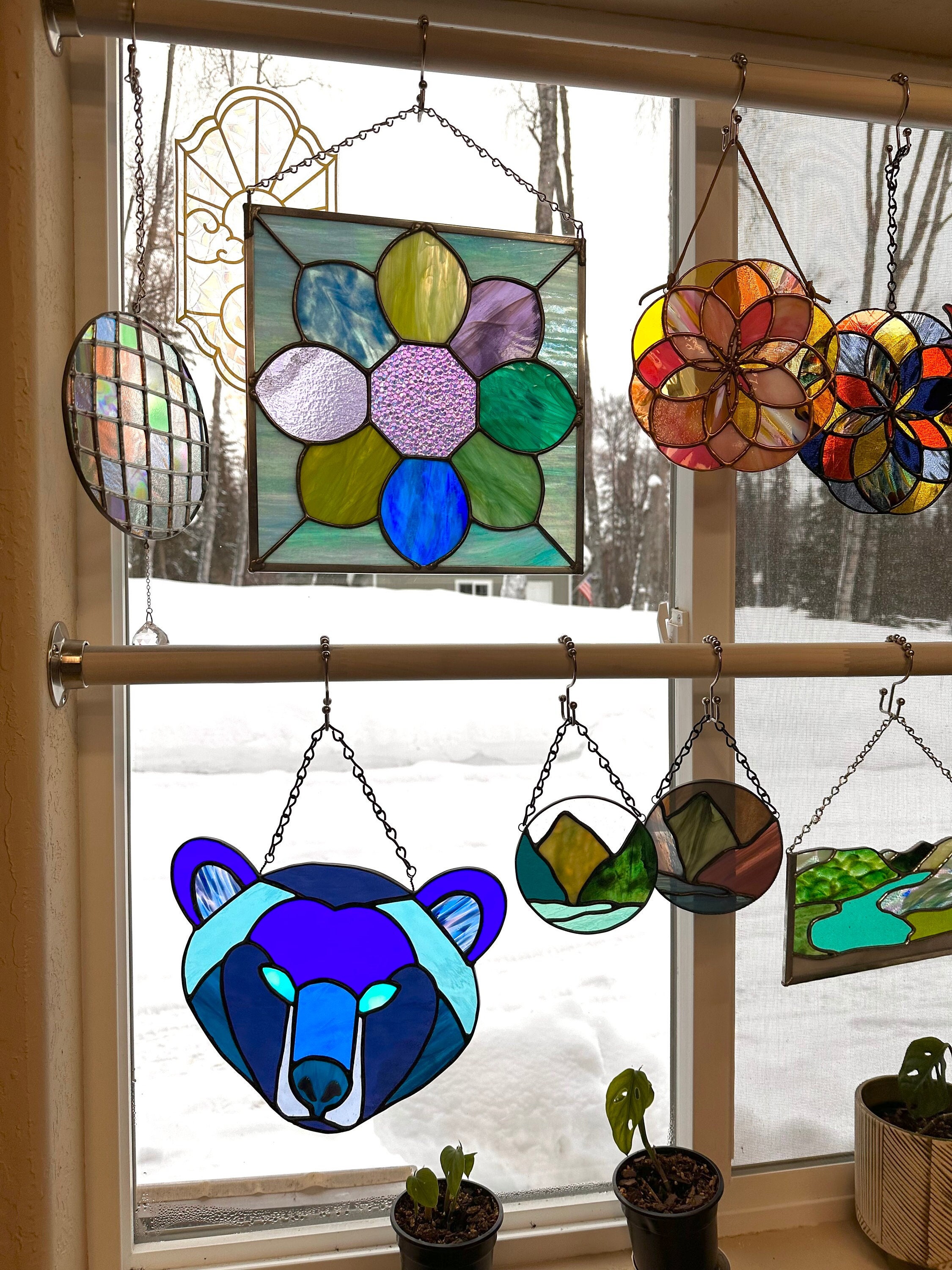 Square Stained Glass Flower Panel Window Hanging | Home Decor | Floral ...