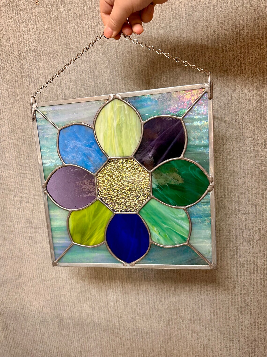 Square Stained Glass Flower Panel Window Hanging | Home Decor | Floral ...