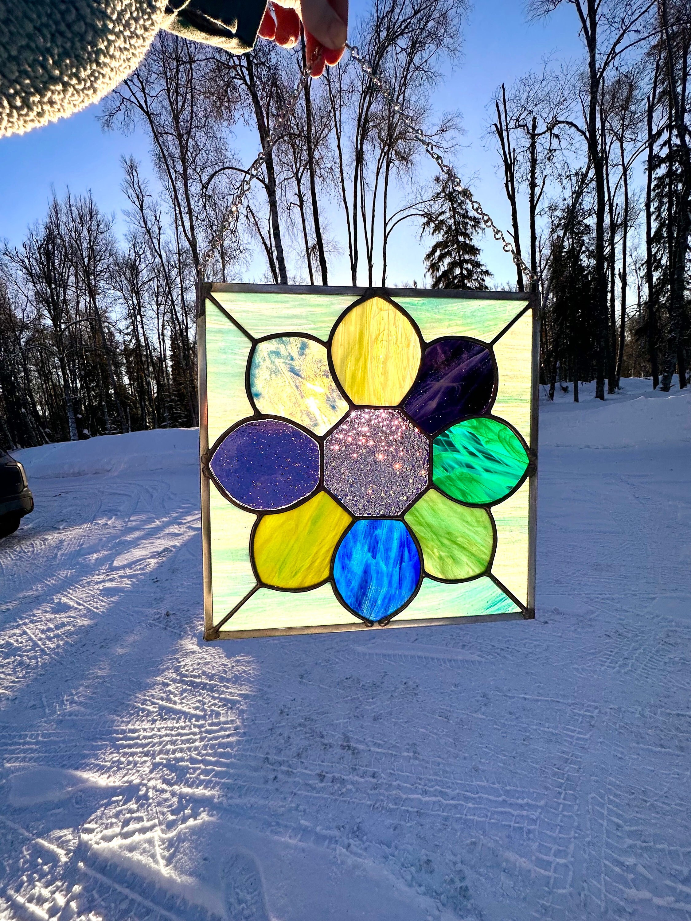 Square Stained Glass Flower Panel Window Hanging | Home Decor | Floral ...