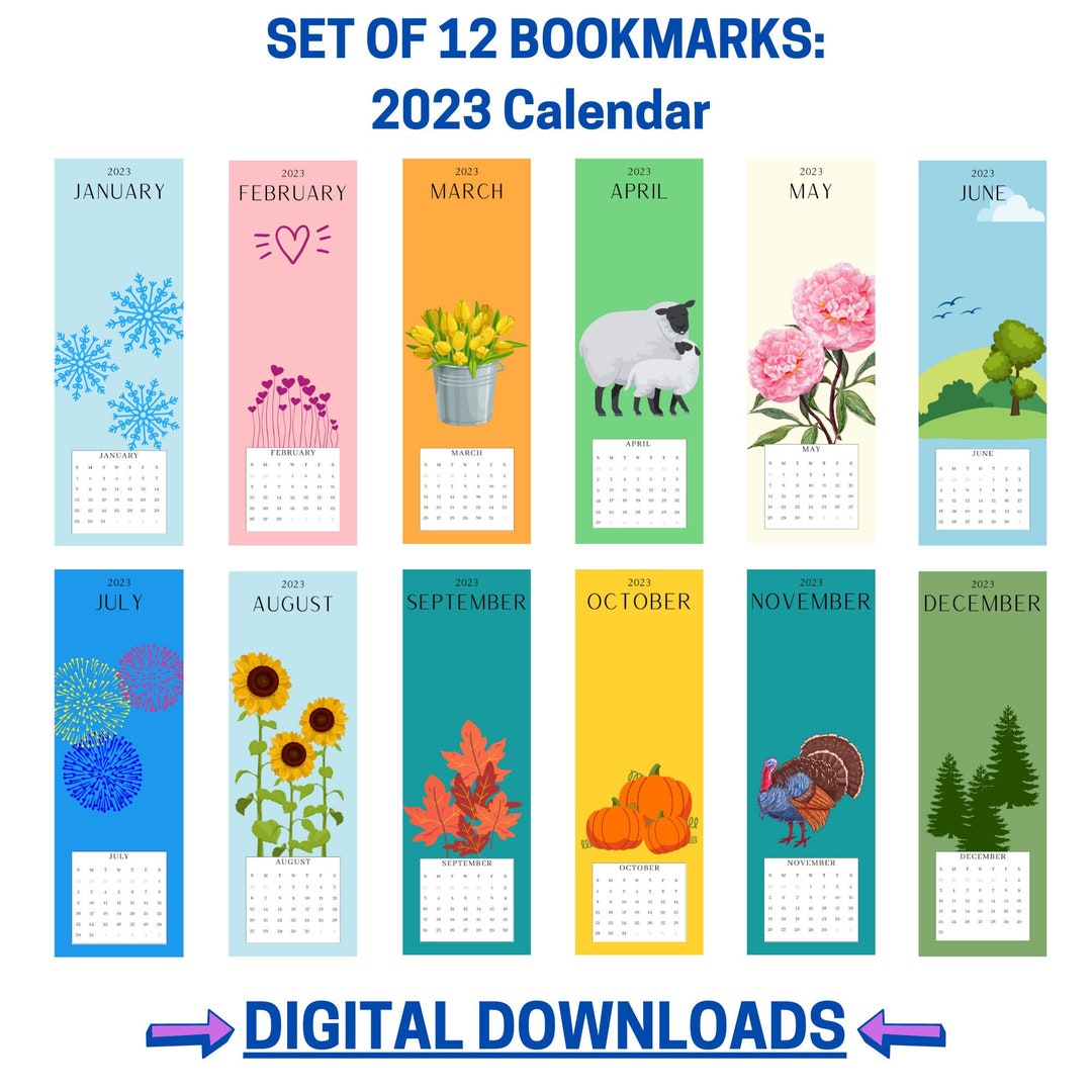 Set of 12 2023 Monthly Seasonal Calendar Bookmarks, Digital Downloads ...