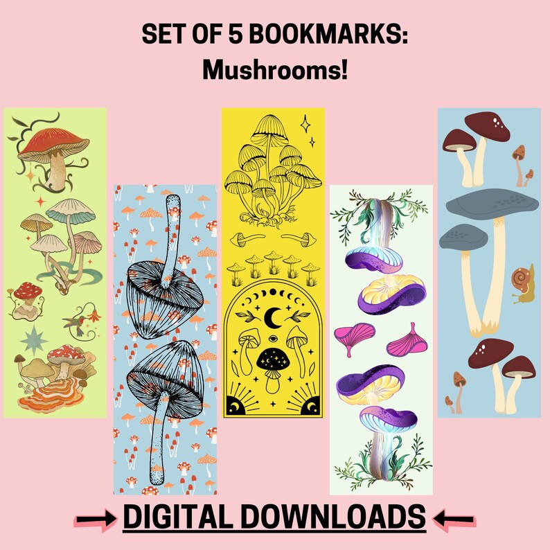 Set of 5 Mushroom Bookmarks, Fungi Theme, Digital Downloads, Printable ...