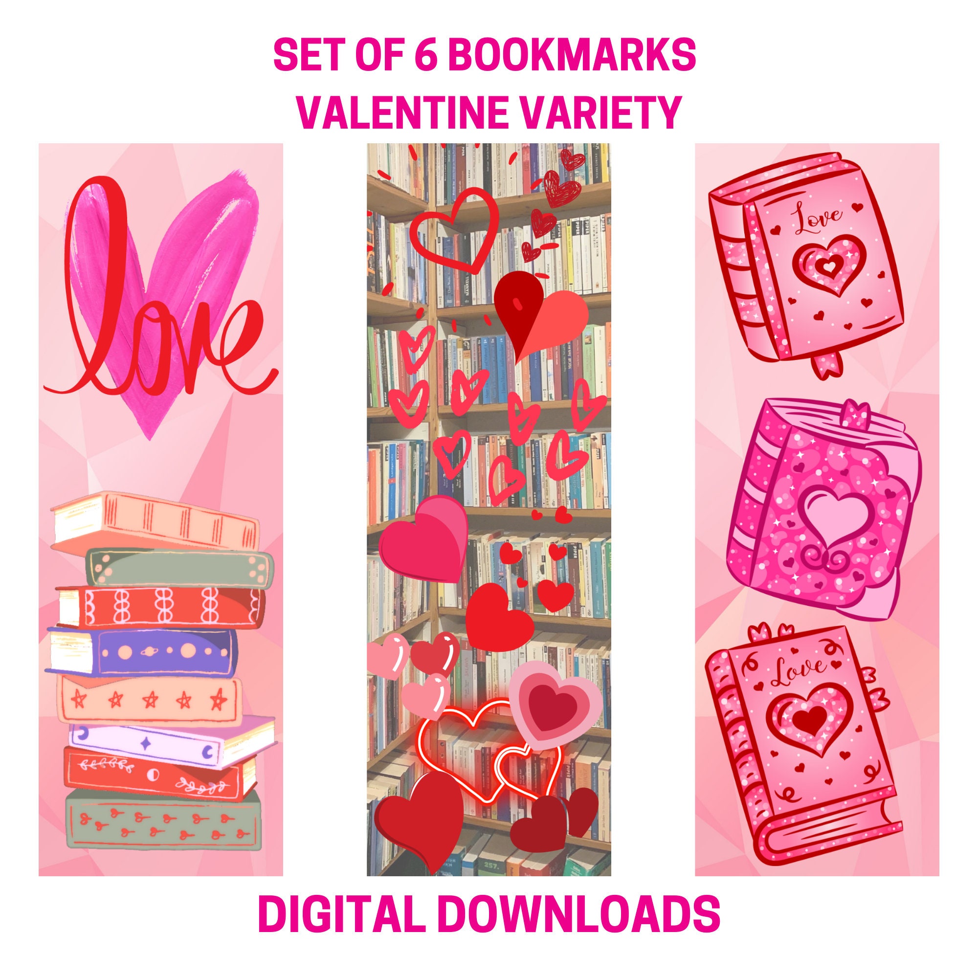 Sweet Pink and Red Valentines Day Bookmarks Filled With Hearts and ...