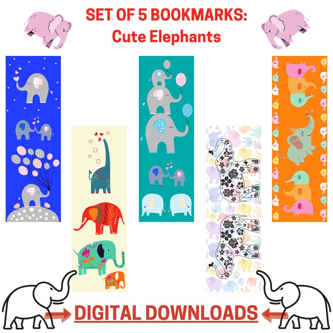 Cute Elephant Bookmarks for Kids, Set of 5 (digital Download) - Etsy