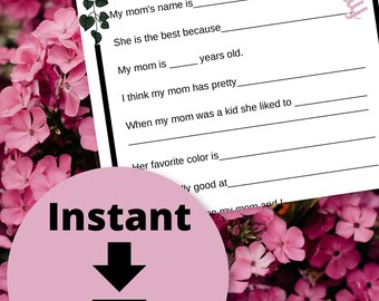 Mother's Day Flower Questionnaire Kid's Worksheet With Questions About ...