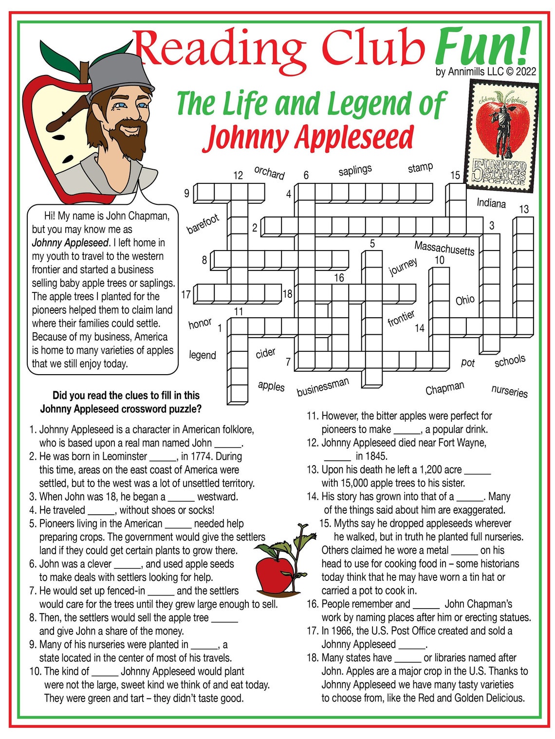 Johnny Appleseed Crossword and Word Search Puzzles - Etsy