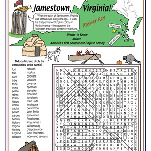 Jamestown, Virginia Printable Word Search Puzzle – Early Settlement ...