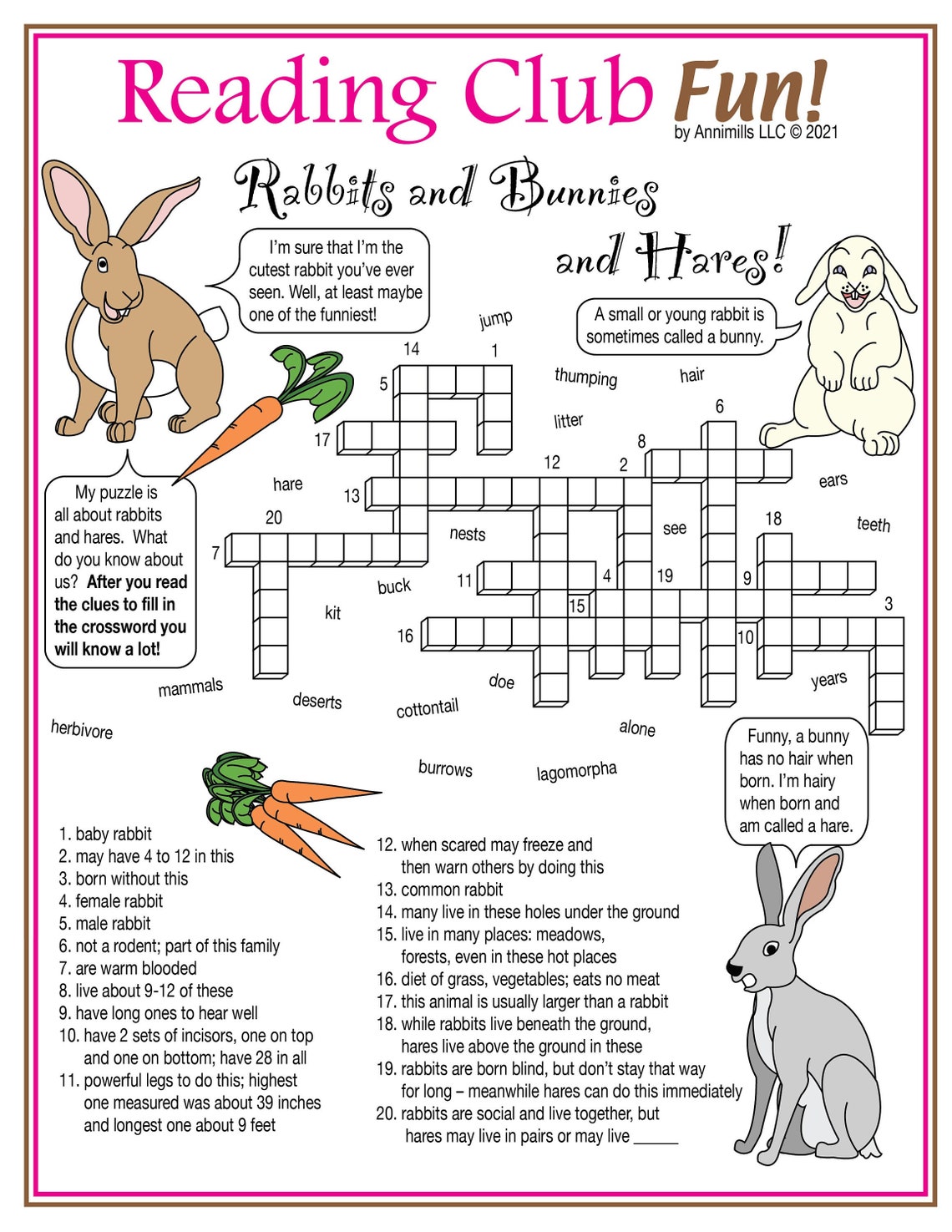 Rabbits, Bunnies, and Hares (easter) Printable Crossword Puzzle ...