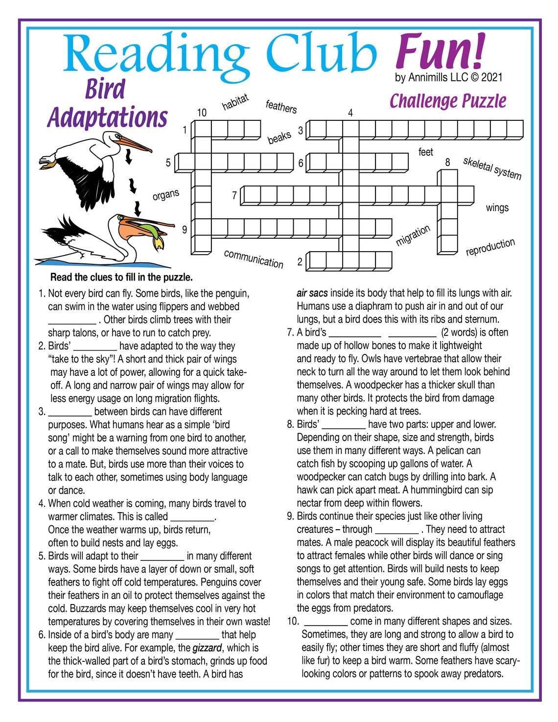 Bird Adaptations Printable Puzzles Crosswords, Word Search, Beak & Feet ...