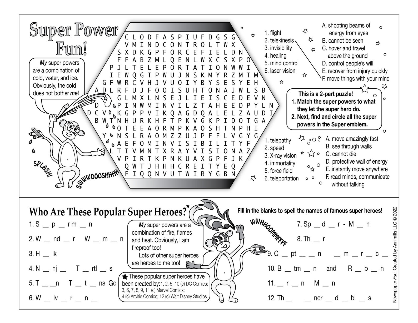 Super Heroes, Super Powers, Comics and Onomatopoeia Printable Puzzle ...