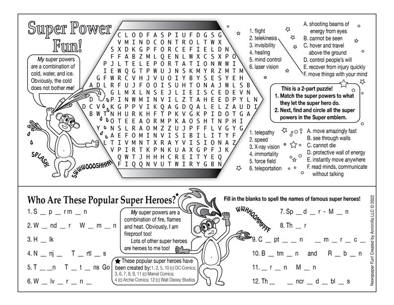 Super Heroes, Super Powers, Comics and Onomatopoeia Printable Puzzle ...