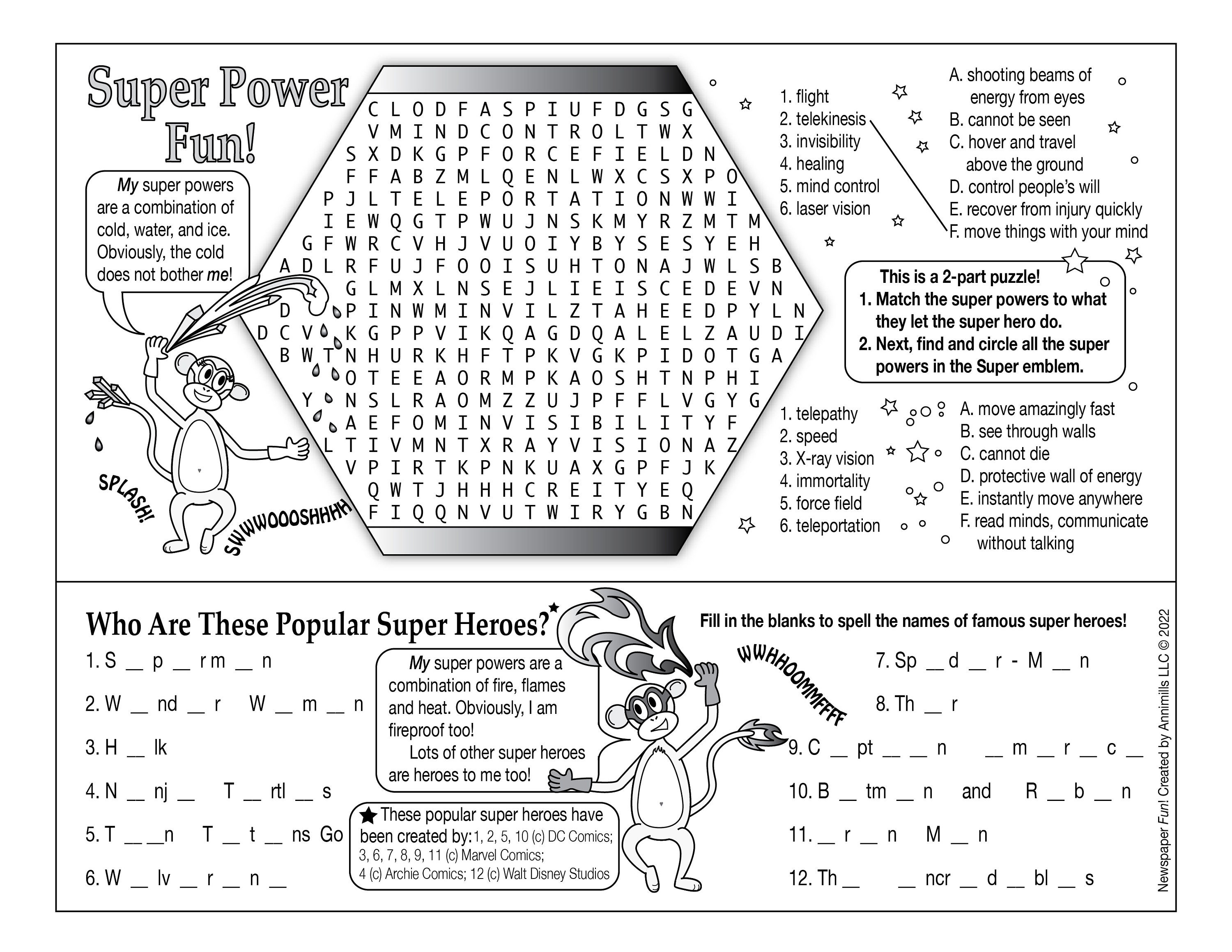Super Heroes, Super Powers, Comics and Onomatopoeia Printable Puzzle ...