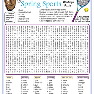Spring Sports Jumbo Word Search Printable Puzzle – 60 Sports Vocabulary ...