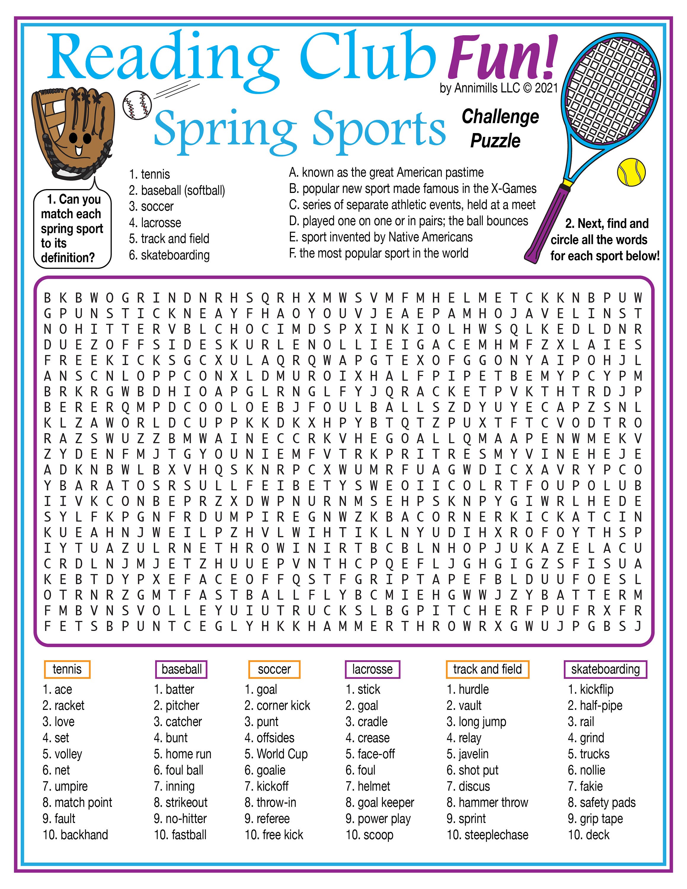 Spring Sports Jumbo Word Search Printable Puzzle – 60 Sports Vocabulary ...