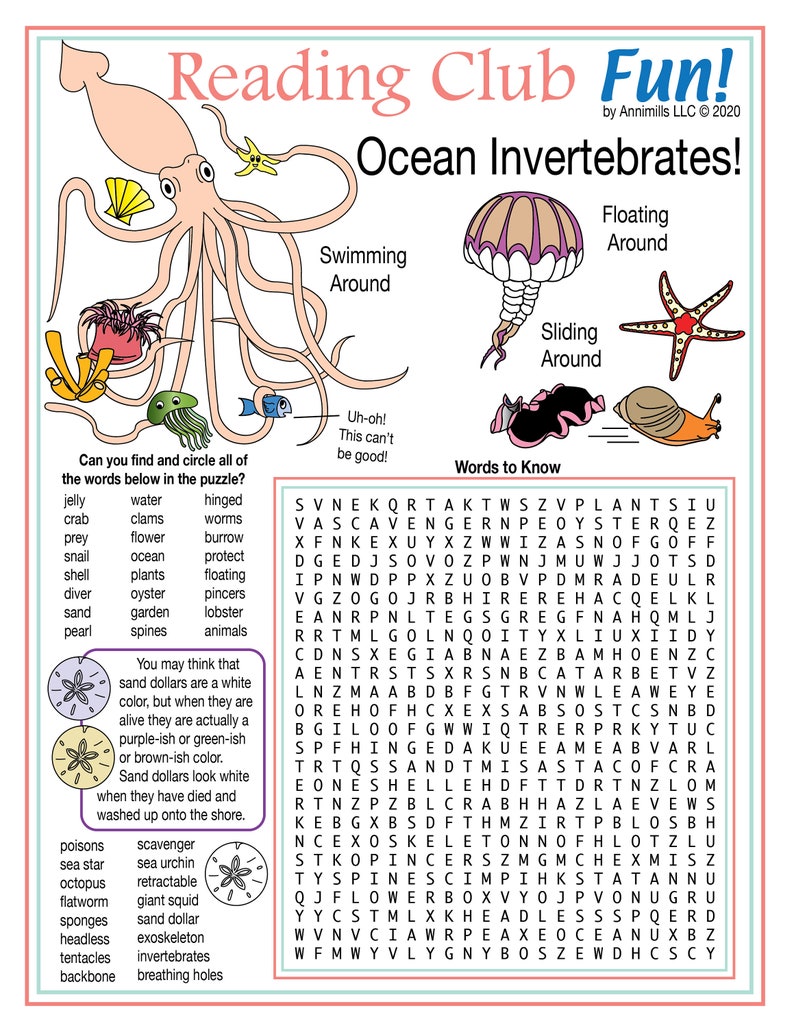 Ocean Invertebrates - Printable Activity Set and Word Search Puzzle - Etsy