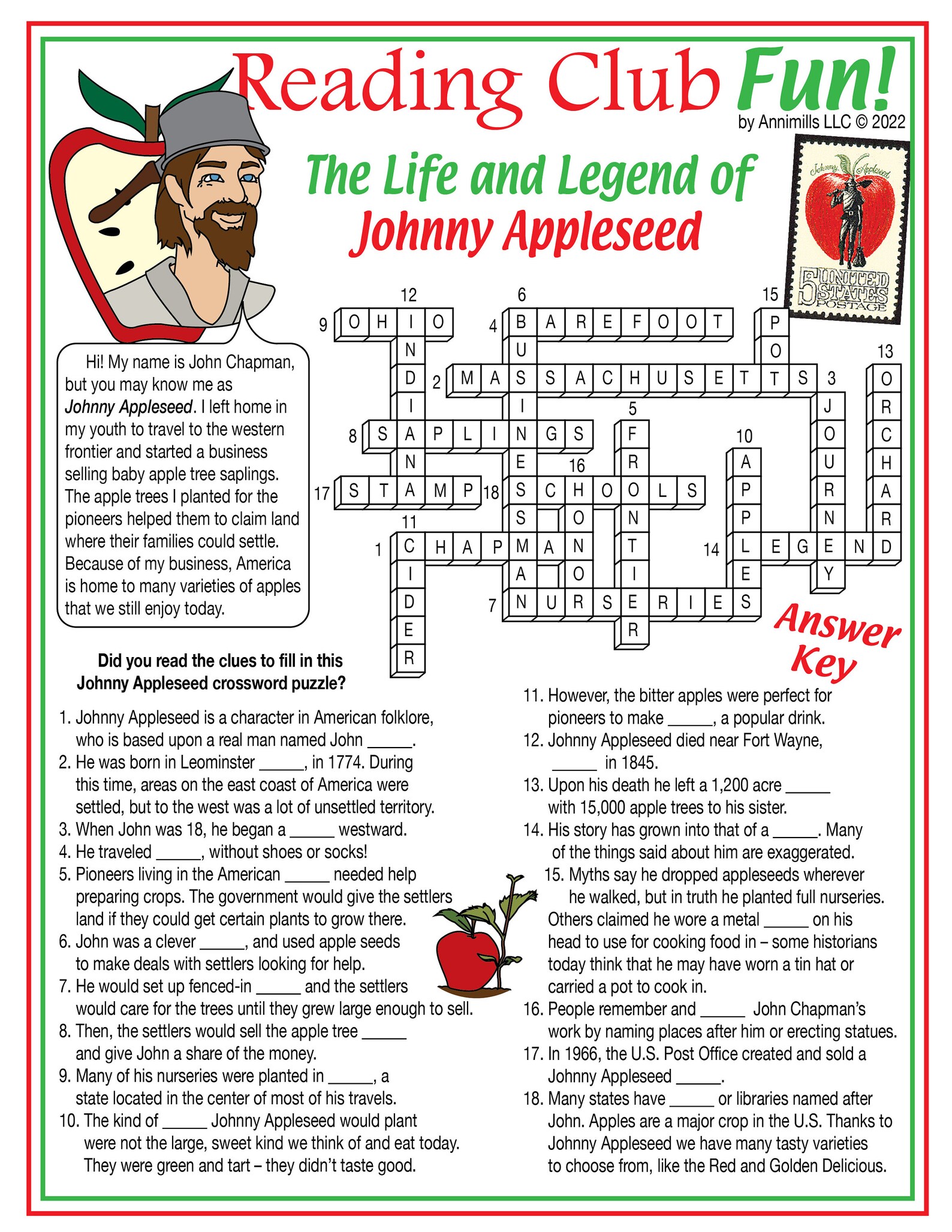 Johnny Appleseed Crossword and Word Search Puzzles - Etsy